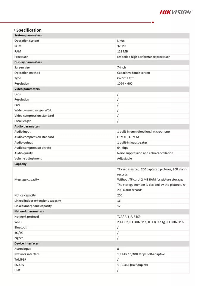 Hikvision DS-KH6350-WTE1 Gen2 IP-Based 7 inch Indoor Intercom Station ...