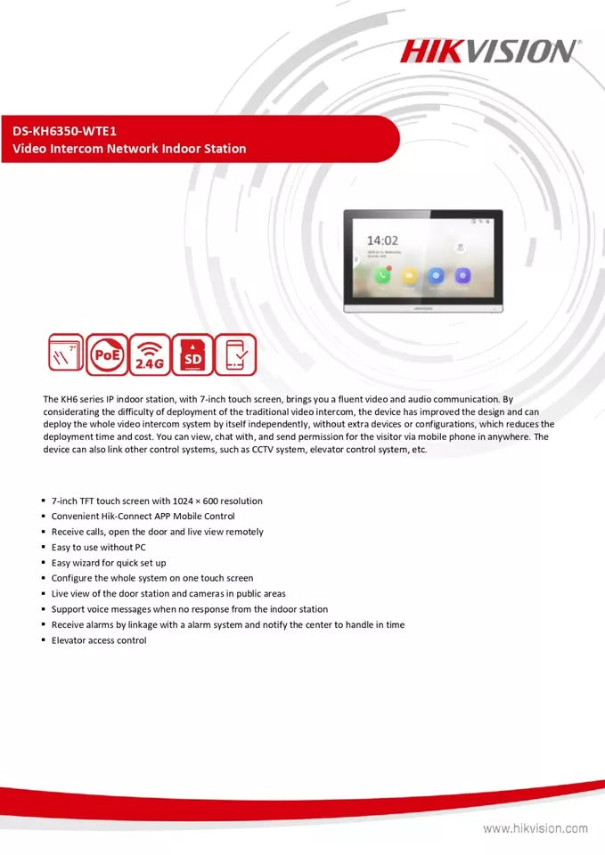 Hikvision DS-KH6350-WTE1 Gen2 IP-Based 7 inch Indoor Intercom Station ...